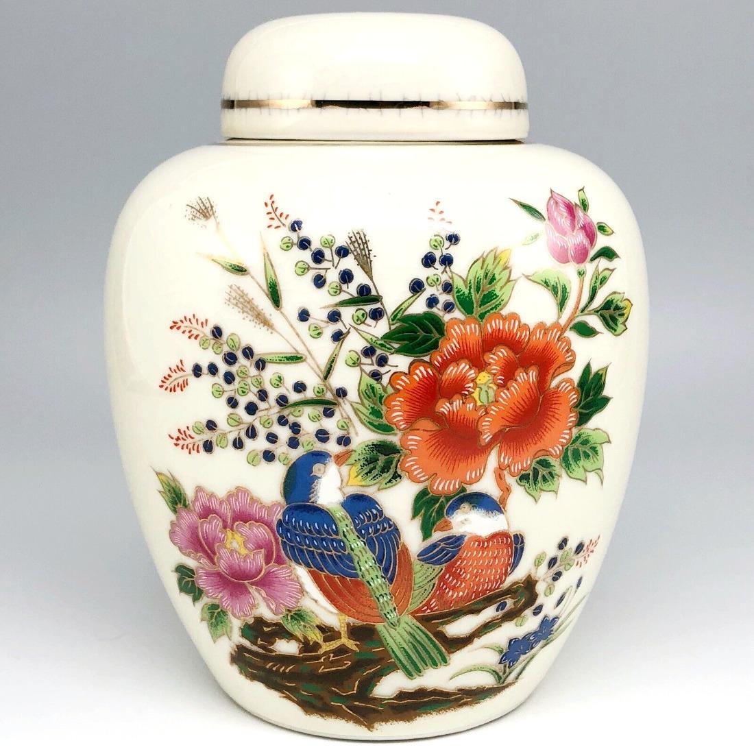 Enesco Porcelain Ginger Jar Birds Flowers Tea Caddy Gold Accents Temple ...