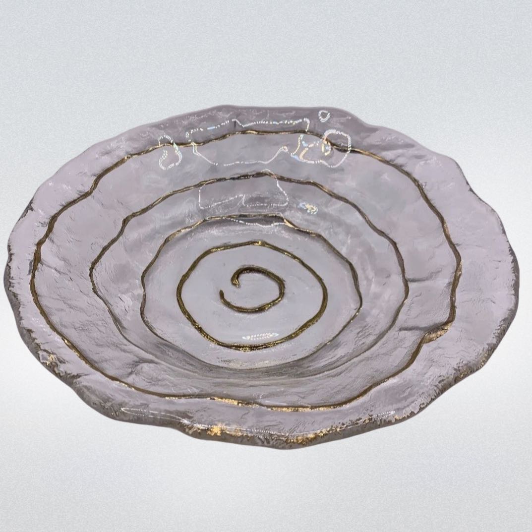 IVV Mid Century Italian Clear Glacier Ice Glass 9" Bowl, 10k Gold Spiral