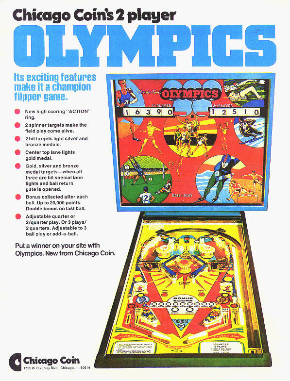 Olympics Pinball Machine Flyer Vintage Chicago Coin 1975 Original NOS ...