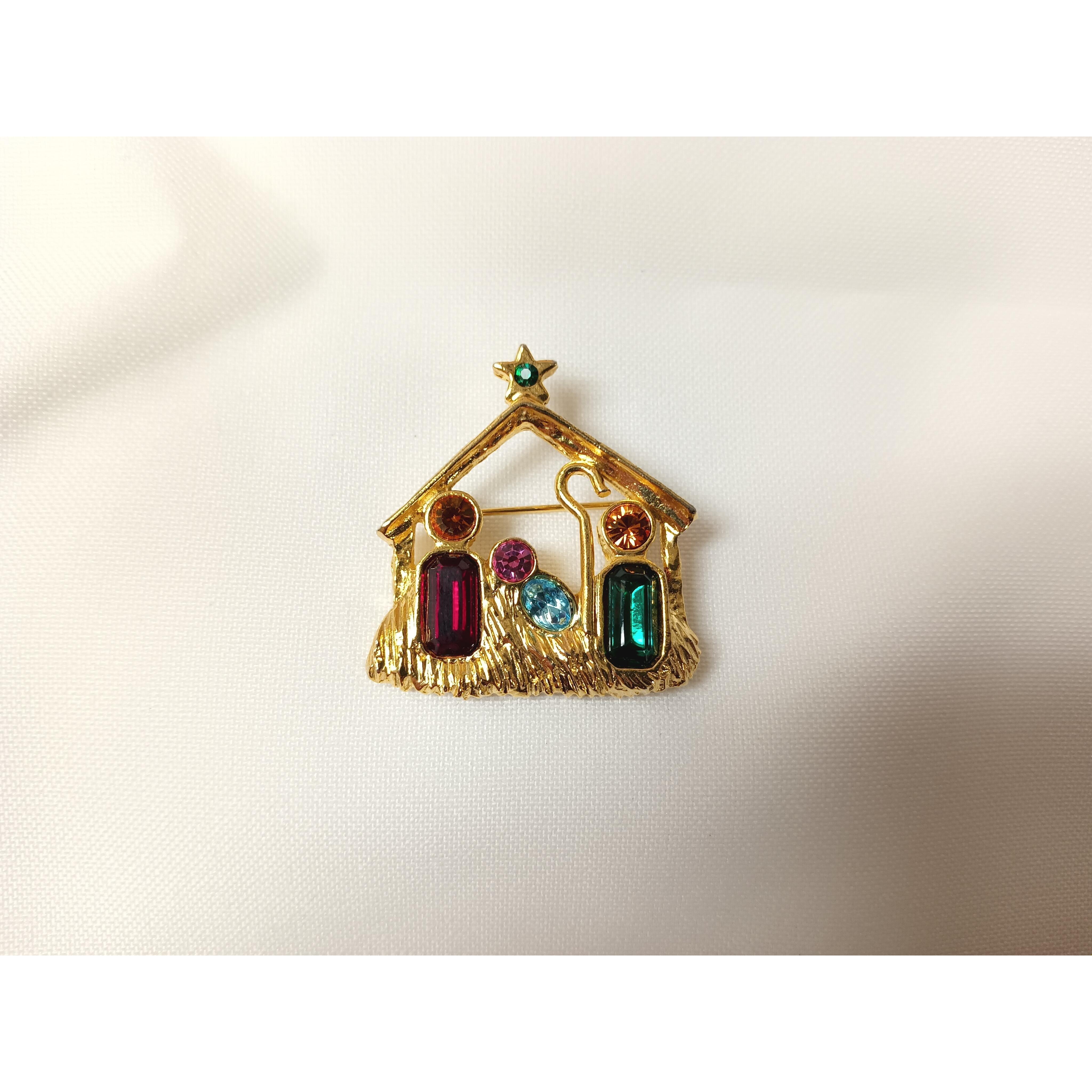 Rare Camco Nativity Pin Gold Tone With Red Green Blue And Gold Crystals ...