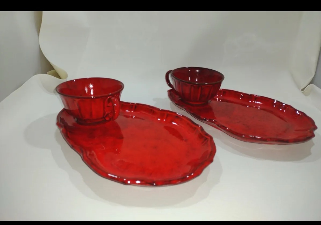 Beautiful Red Italian Pottery Snack Set