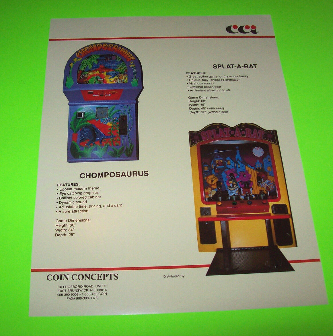 CHOMPOSAURUS + SPLAT-A-RAT NOS REDEMPTION GAME MACHINE SALES FLYER