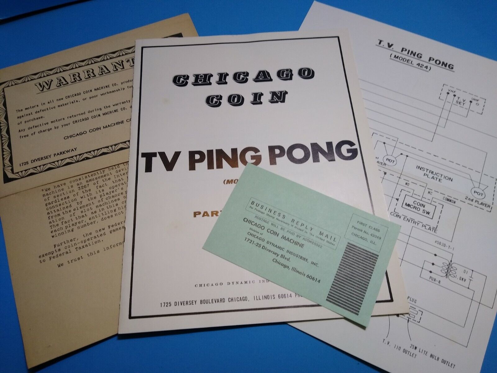 TV Ping Pong Chicago Coin Original Parts Catalog Manual + Postcard ...