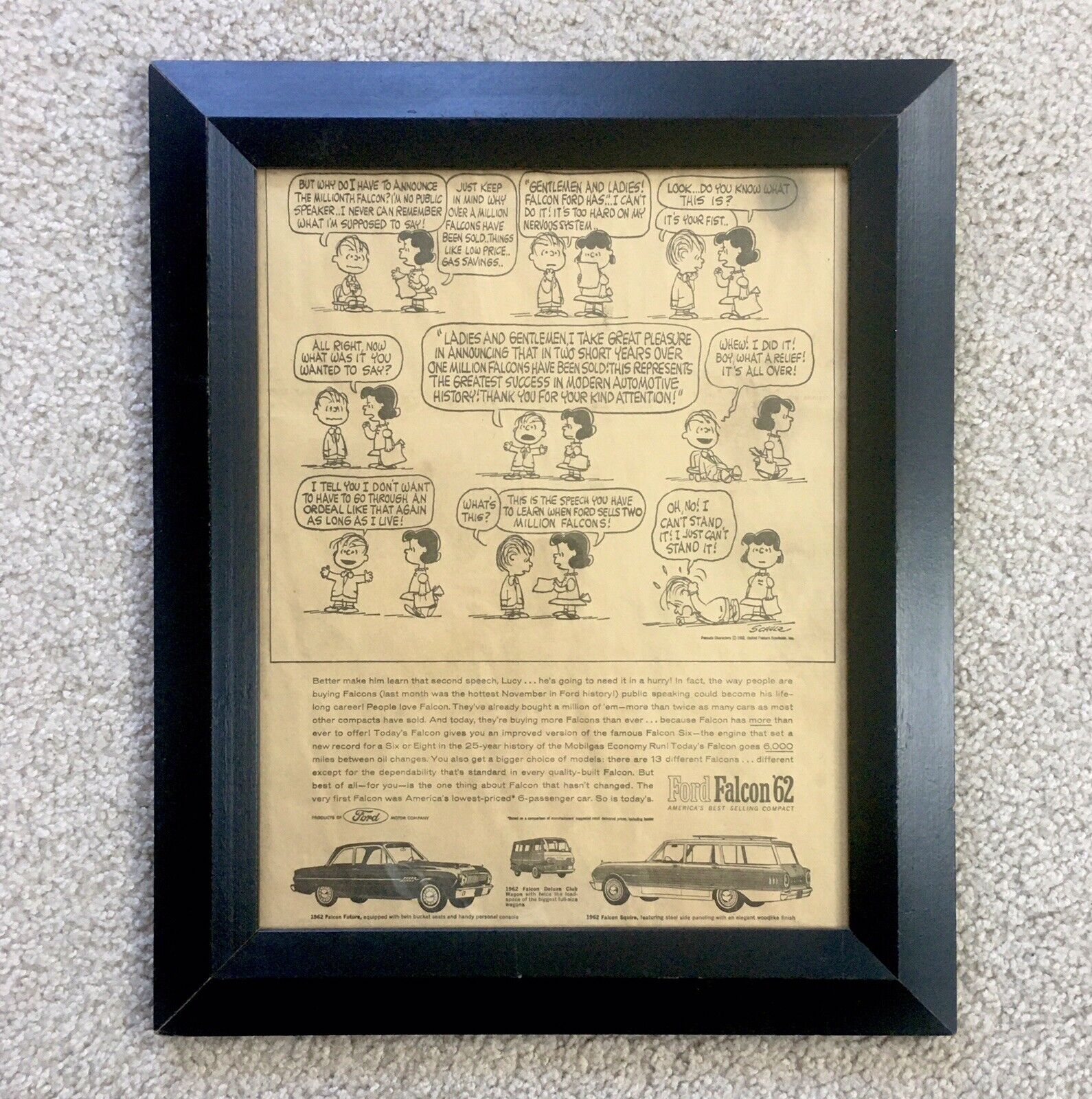 Vintage 1962 FORD FALCON Advertisement With LINUS LUCY PEANUTS 17x14 ...