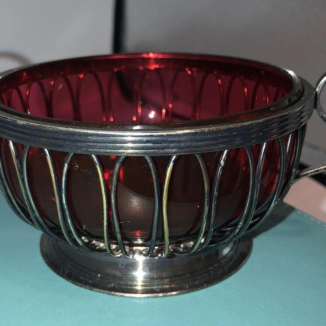 Antique MASTER SALT CELLAR Or Sugar Silverplate Red Glass Dish Bowl
