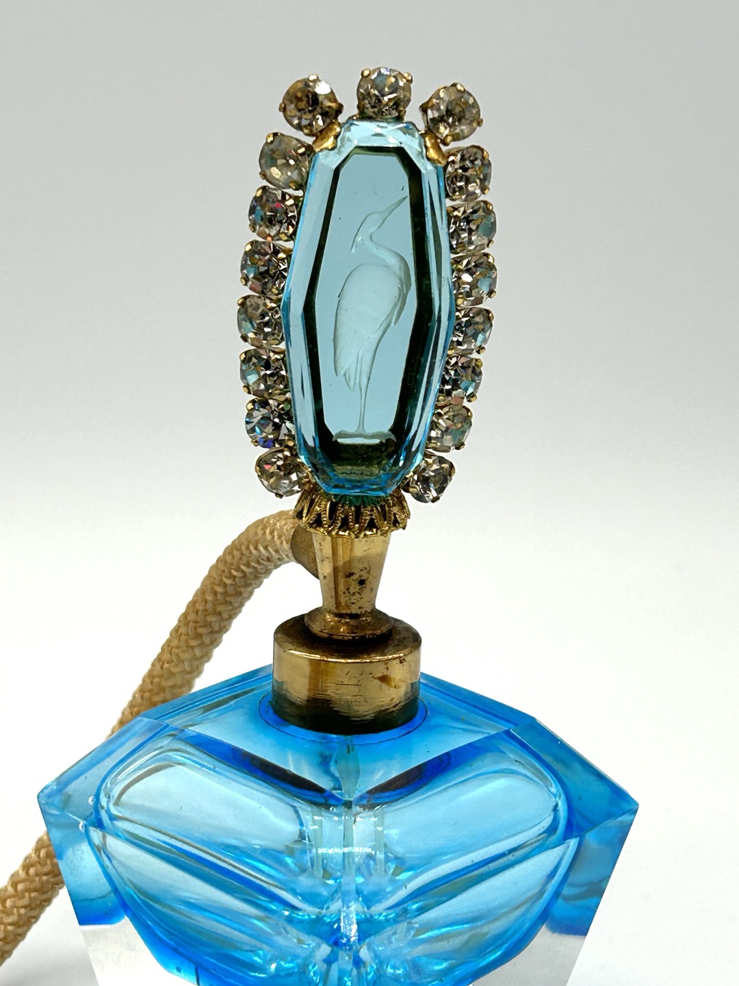 Vintage Irice Intaglio Rhinestone Perfume Bottle Heron Prong Set Stones