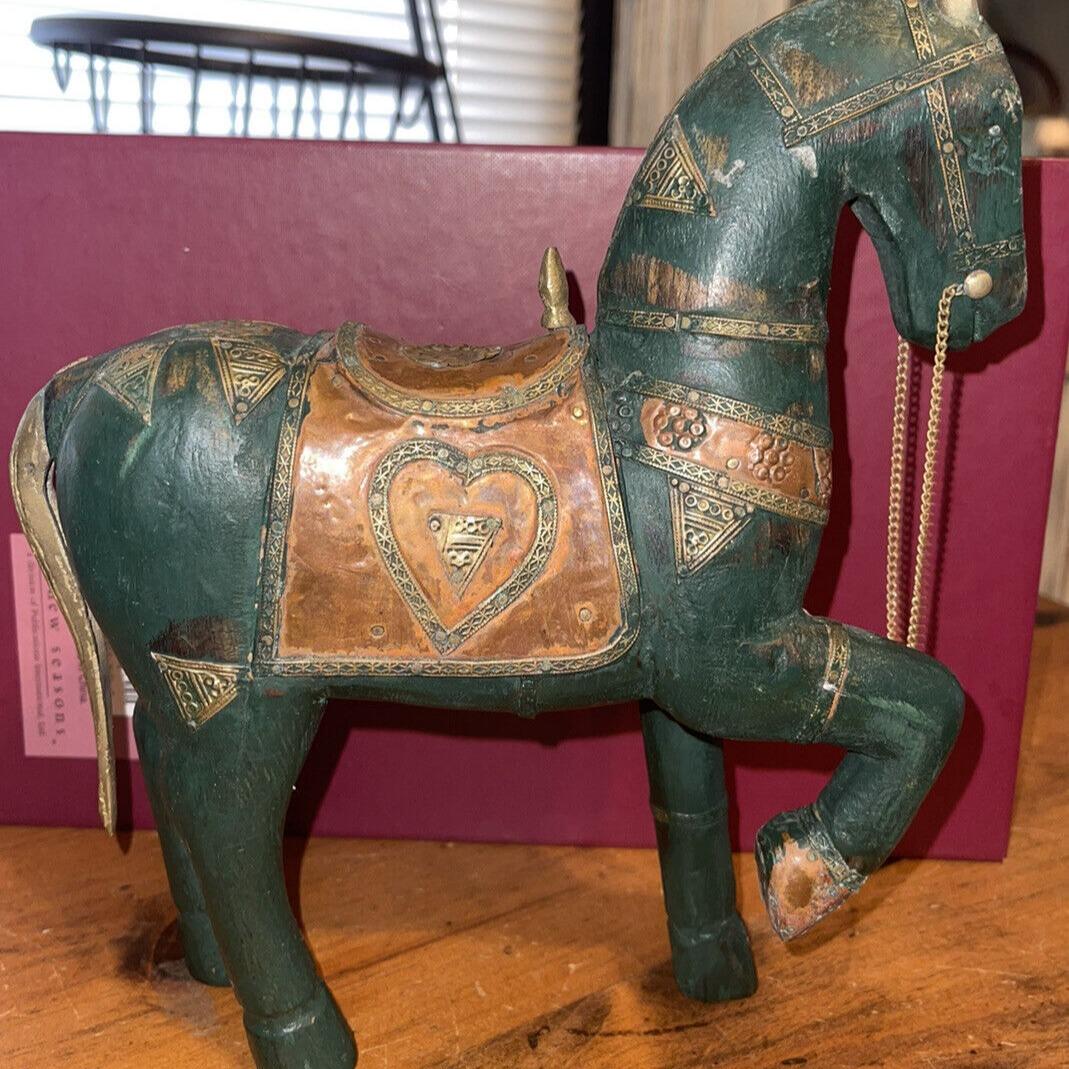 HAND CARVED WOOD HORSE WITH BRASS & COPPER ACCENTS 10” TALL