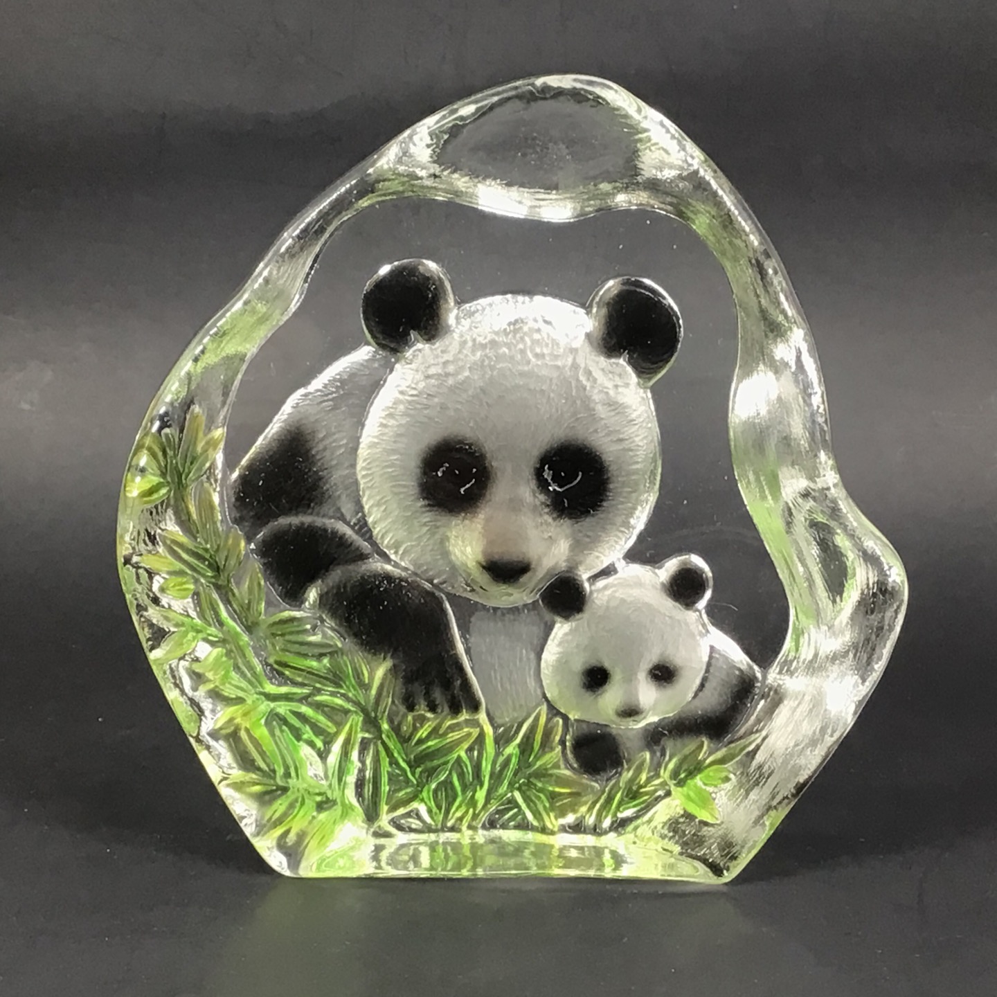 Hand Painted Clear Glass Panda And Cub Paperweight