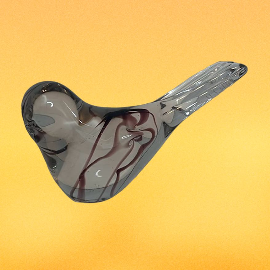 Lovely Art Glass Clear Bird Paperweight Figurine with Purple Swirl Accents