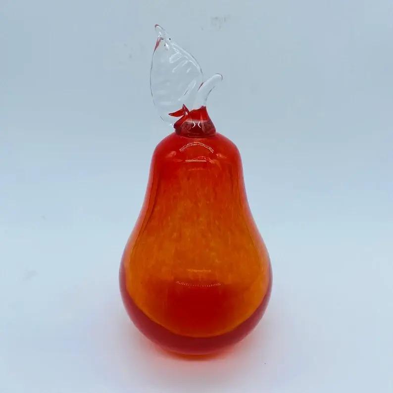 Art Glass Pear Paperweight Speckled Orange with clear leaf and stem