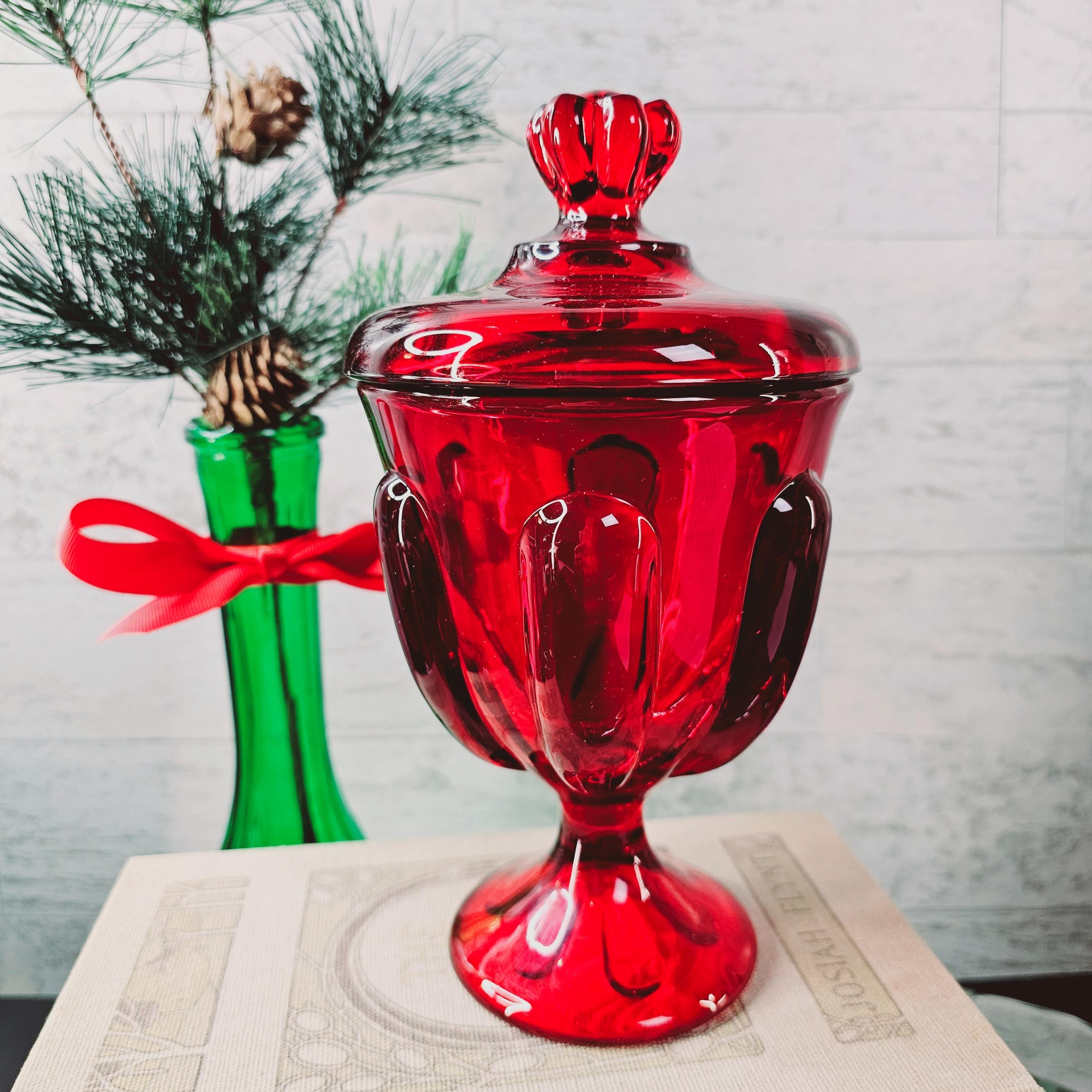 Viking Ruby Red 6 Petal Glass Lidded Compote Candy Dish