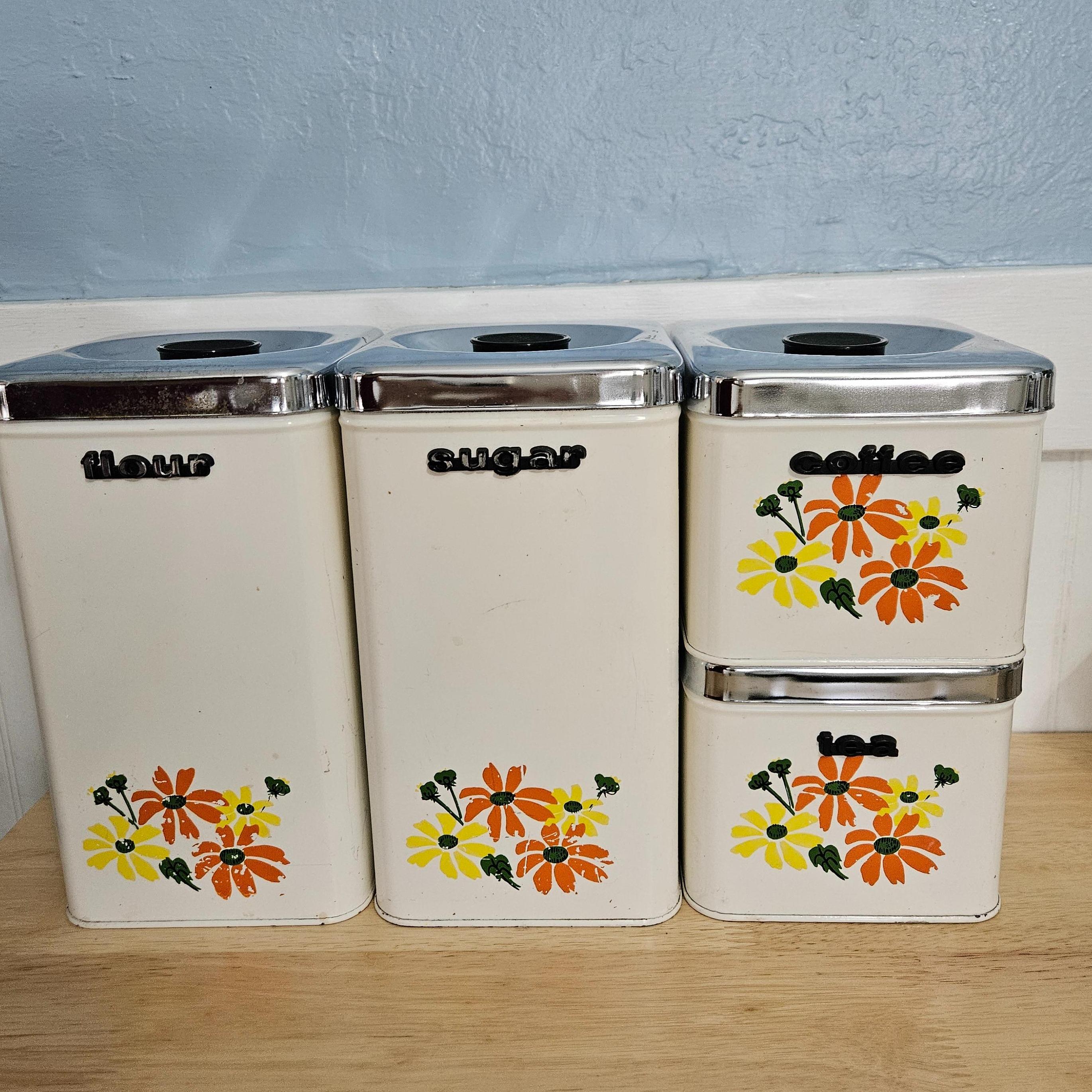 VTG MCM Metal Canisters Neutral With Floral Design Set Of 4