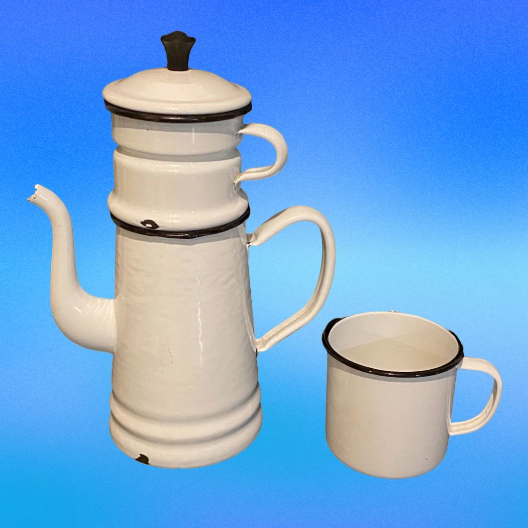 Vintage Enamelware Coffee Pot French Drip White Black Trim 4 Piece 11” Tall