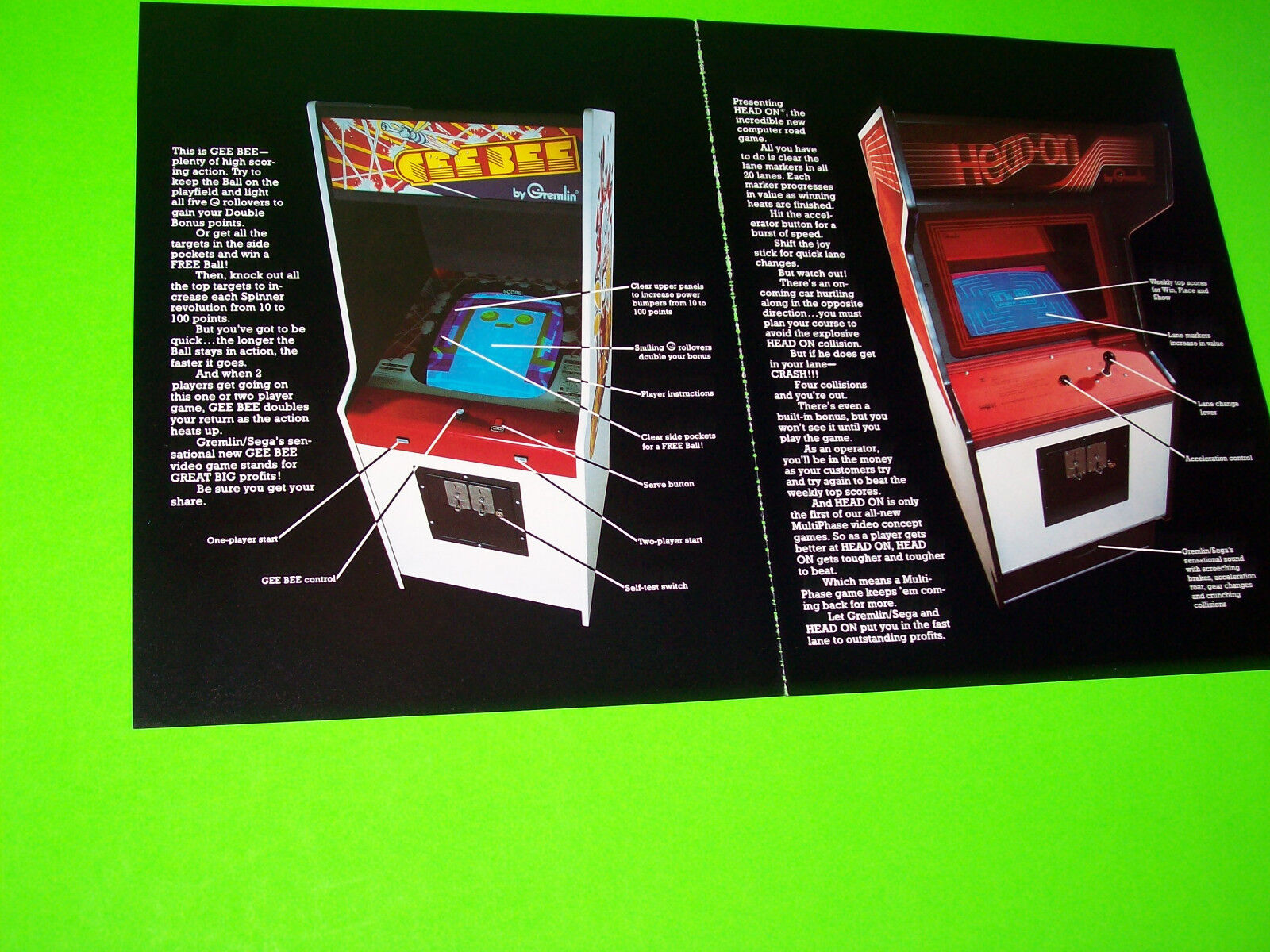 HEAD ON GEE BEE 1979 ORIGINAL VIDEO ARCADE GAME PROMO FLYER Vintage ...