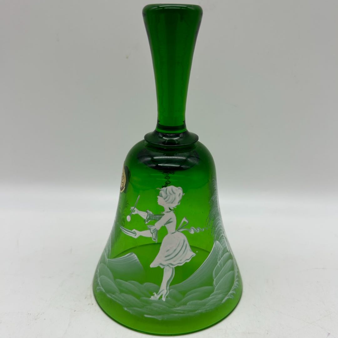 Vintage Emerald Green Mary Gregory Hand Painted Bohemia Glass Bell