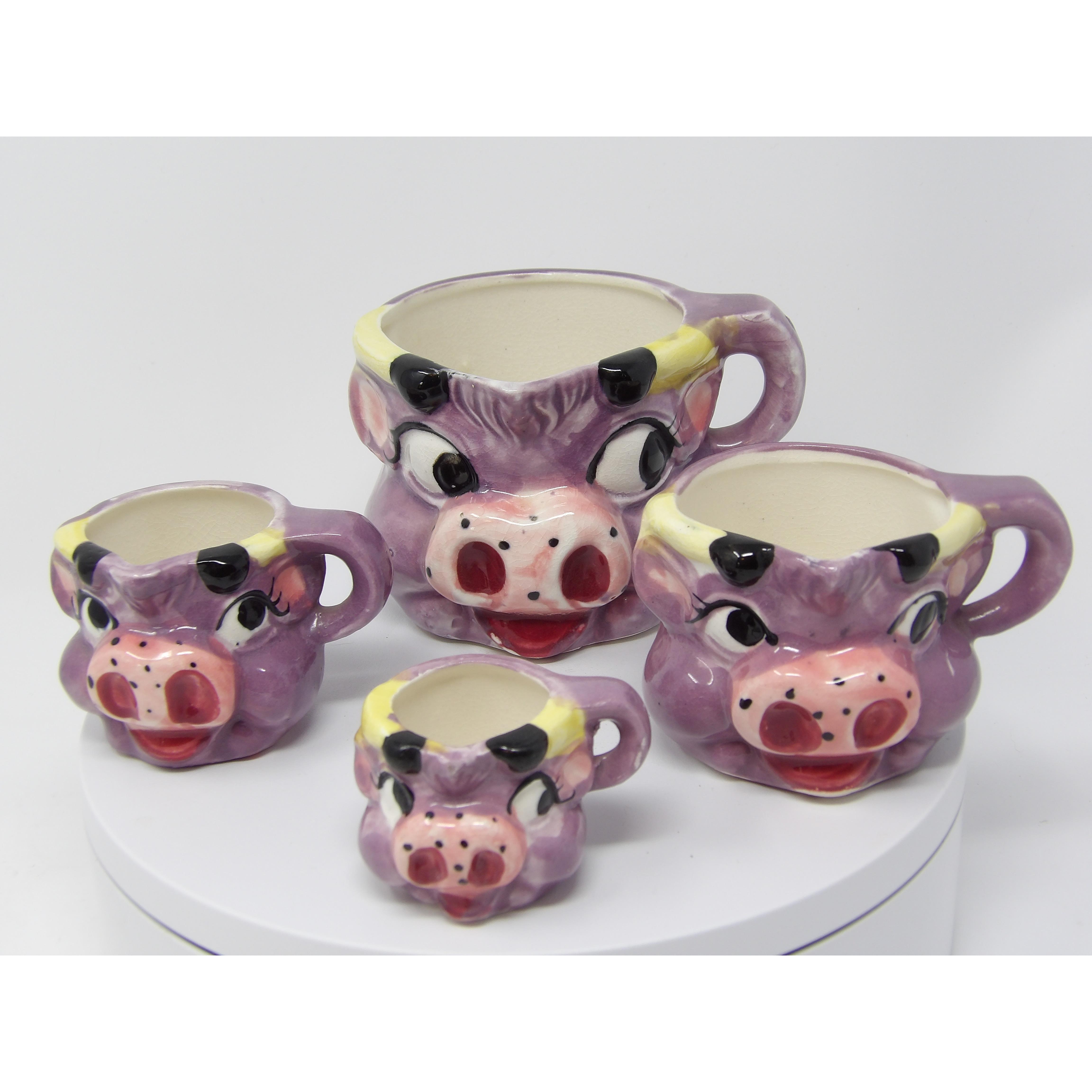 Vintage Hand Painted Thames Japan Purple Cow Measuring Cups 4 Piece Set