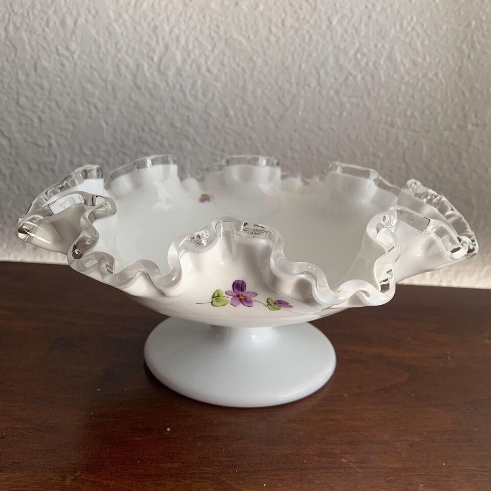 Fenton Violets in the Snow Silver Crest Milk Glass Compote Pedestal ... Fenton Violets in the Snow Silver Crest Milk Glass Compote Pedestal ...
