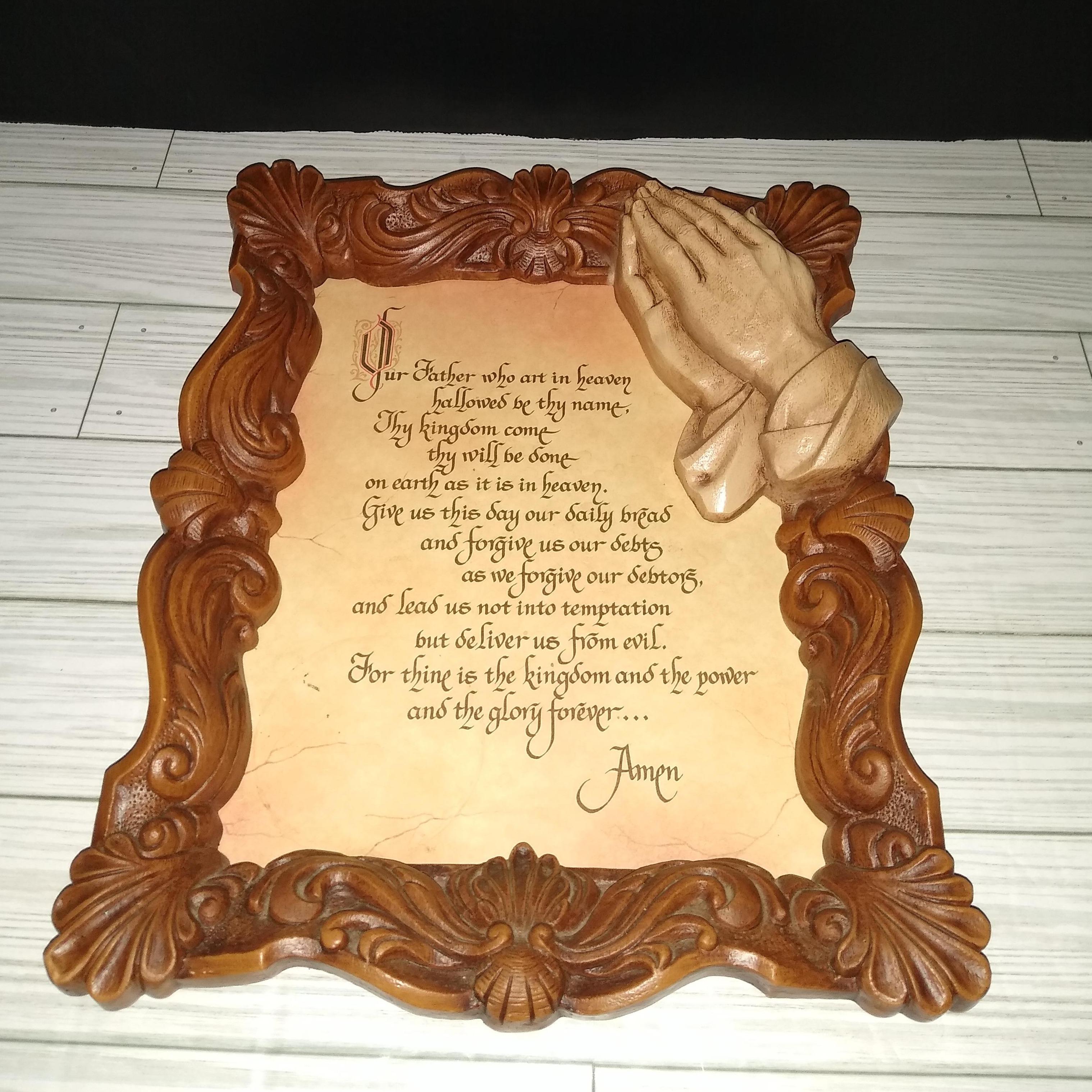 Lords Prayer Wall Art 3D Praying Hands Frame Resin Faux Wood 12.5 x 10 ...