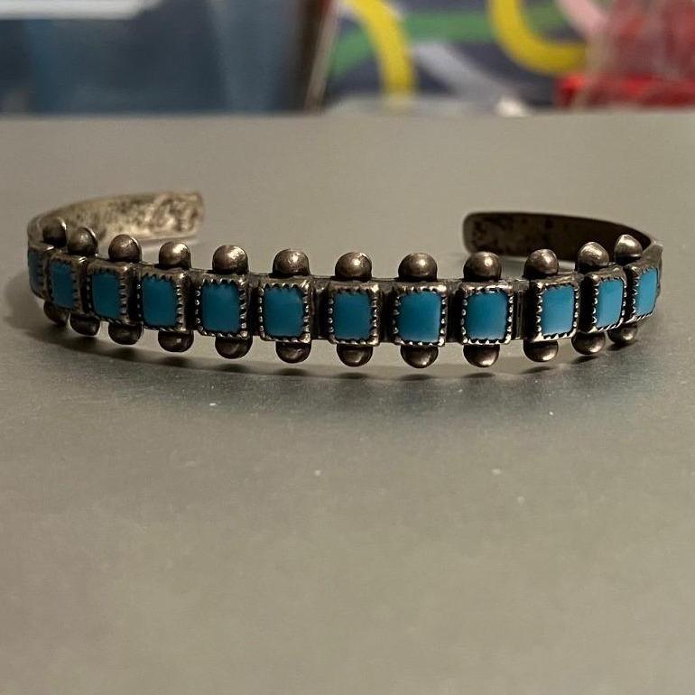 1940's Sterling Silver Snake Eyes Turquoise colored Stone Cuff Bracelet