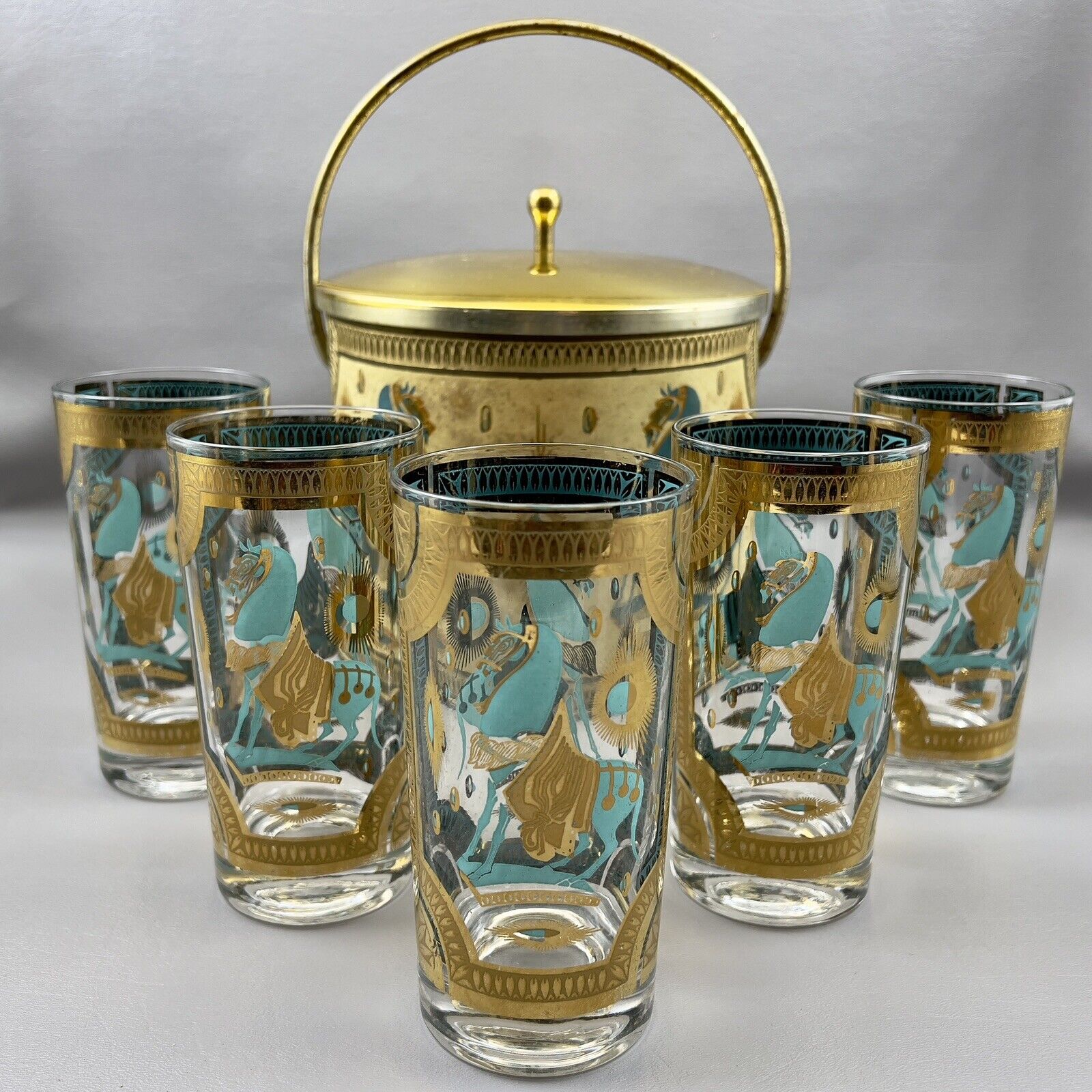 Vintage MCM Fred Press Horses Ice Bucket & 5 Glasses 1950's Barware ...
