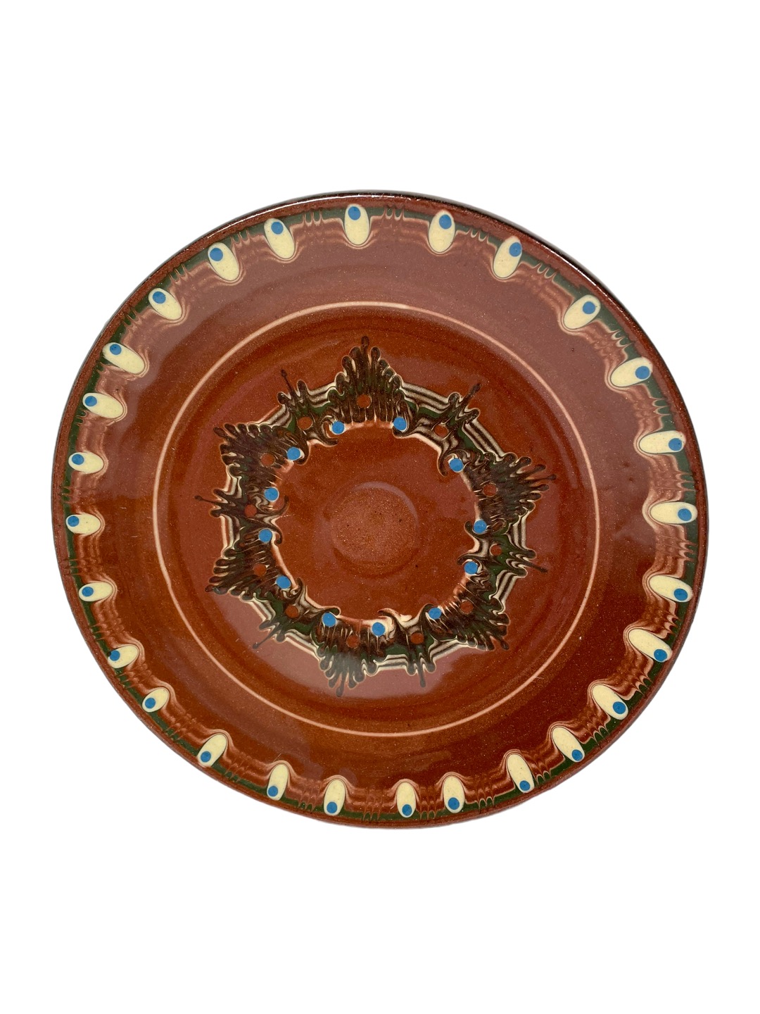 Brown Blue Dots Wall Plate Hungarian Pottery c1970’s
