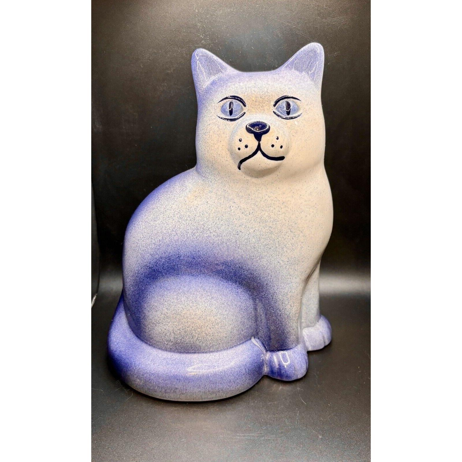 Blue and White Ceramic Cat Statue Speckle Figurine 9 inches Tall