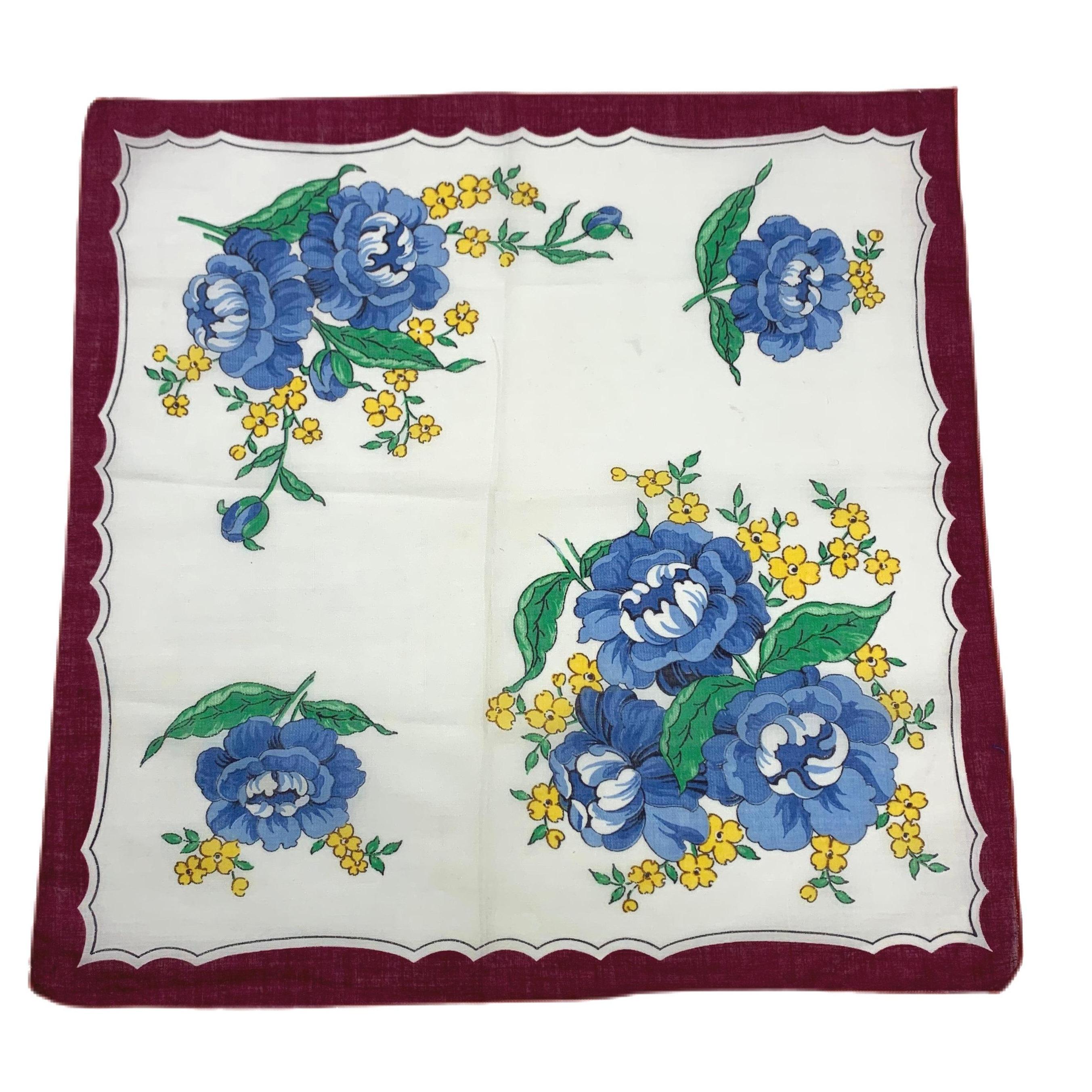 Statement Blue Floral Cotton Handkerchief Vintage Mid Century Cottage ...