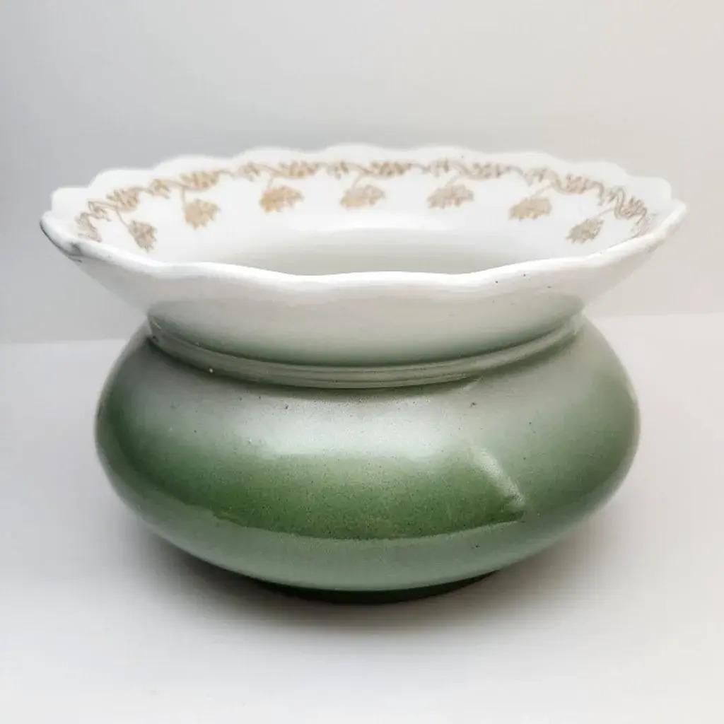 Antique Colonial Company Pottery, Green and White with Gold Trim