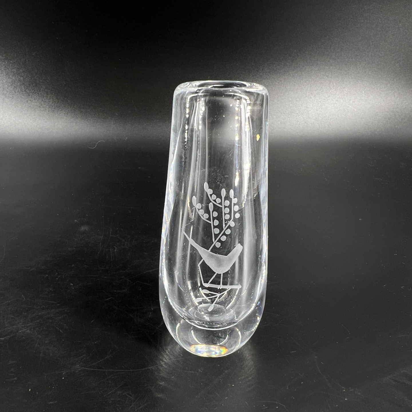 Orrefors Clear Crystal Etched Bird Bud Vase