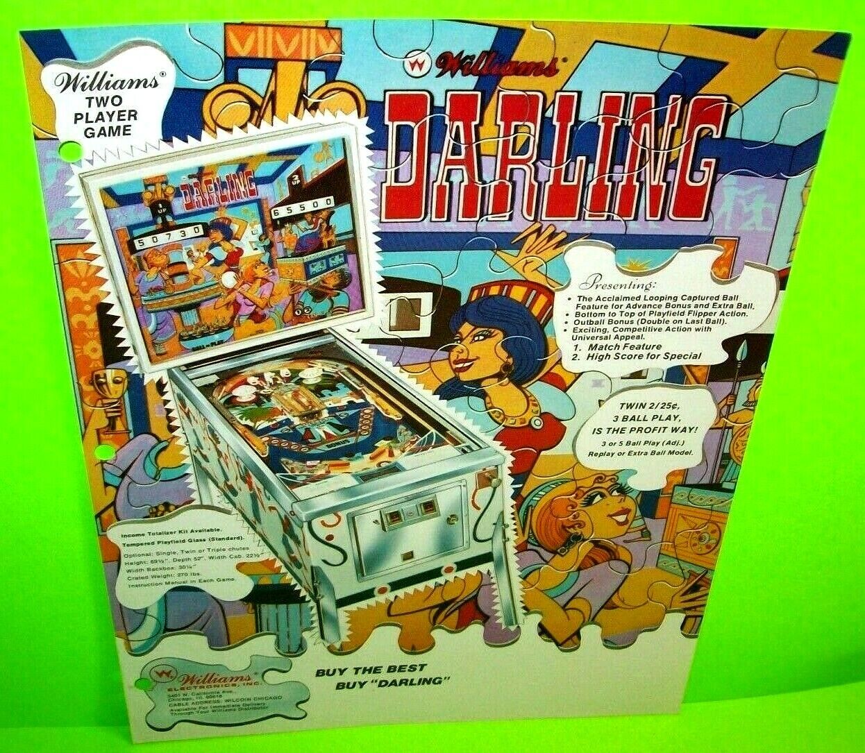 Darling Pinball FLYER Original 1973 Retro Vintage Game Artwork Sheet