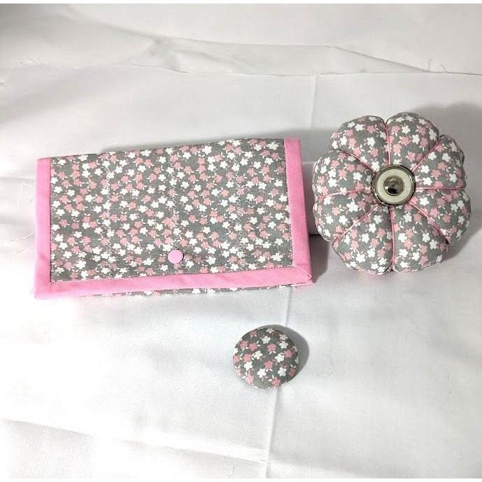 Handmade Needle Keeper Set, 3 pieces. Grey and Pink Floral Print