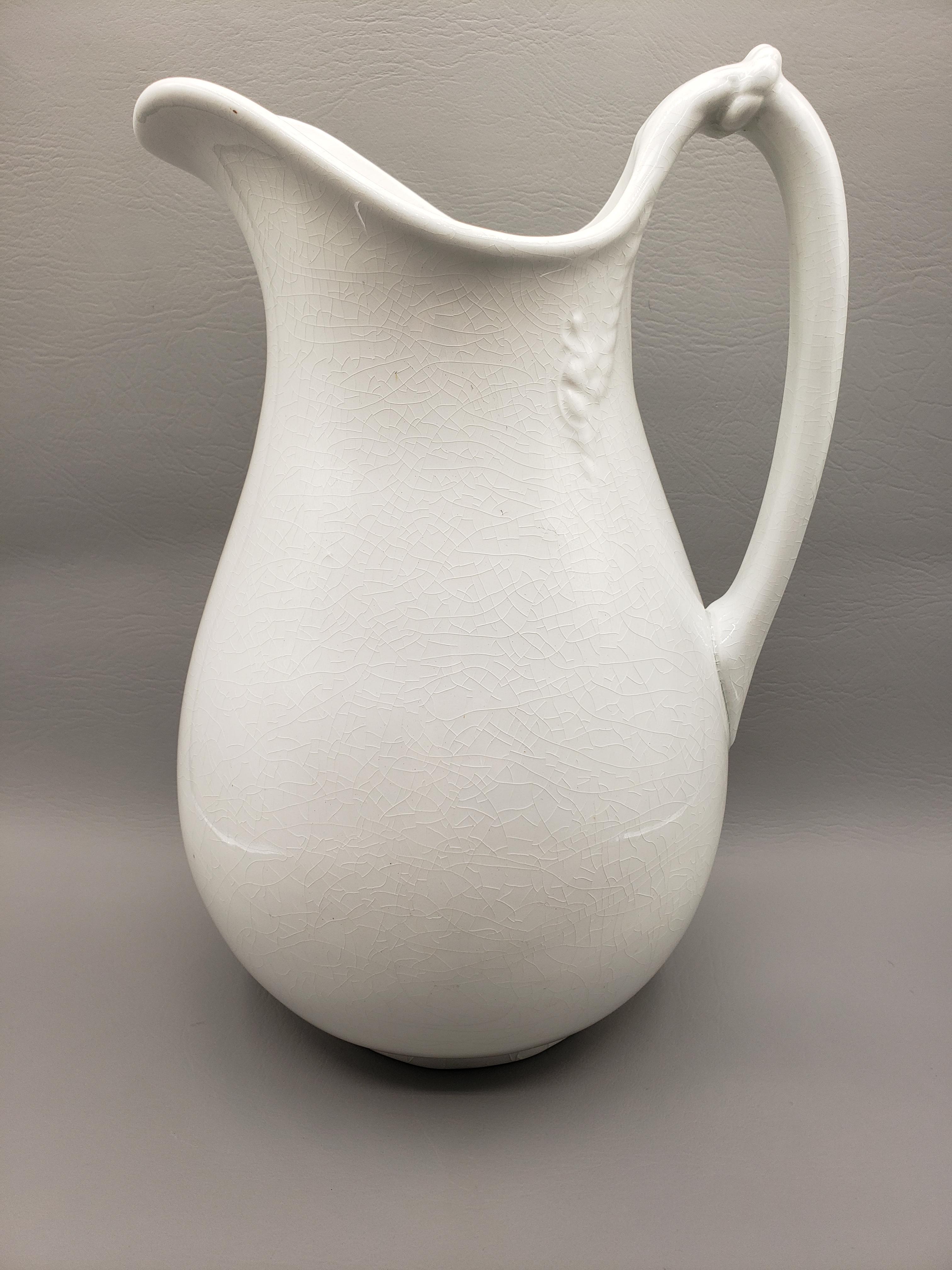 Antique Ironstone Wash Pitcher White Embossed 12" H Large Pottery Jug ...