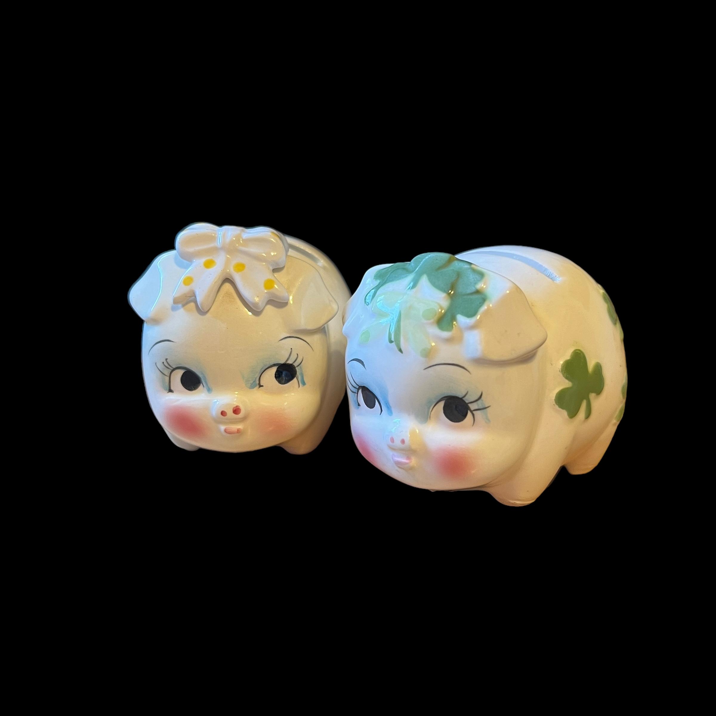 Lefton Japan Piggy Banks Irish Shamrock Pig Shape