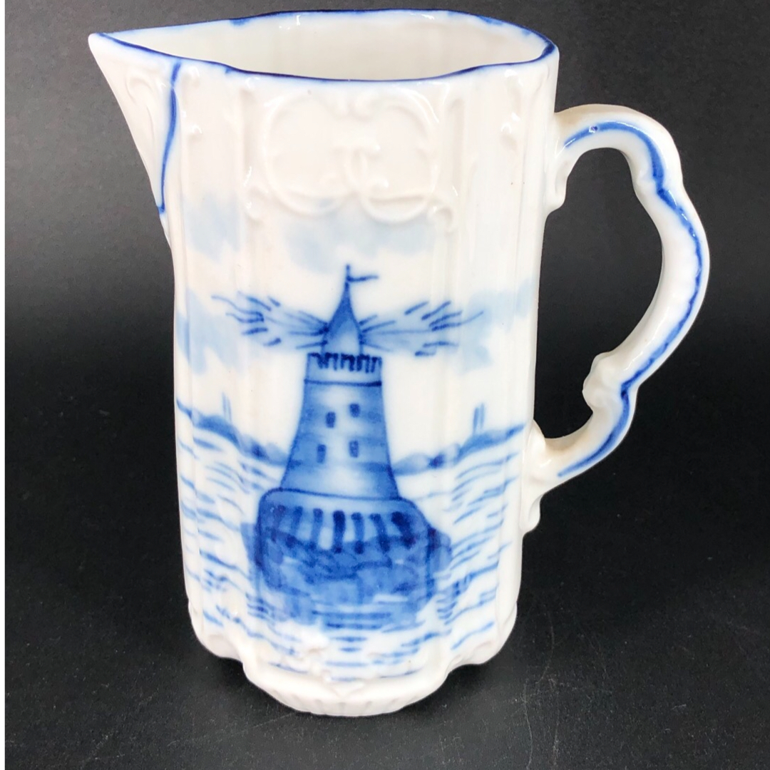 Antique Germany Delft Blue and White Lighthouse Pitcher