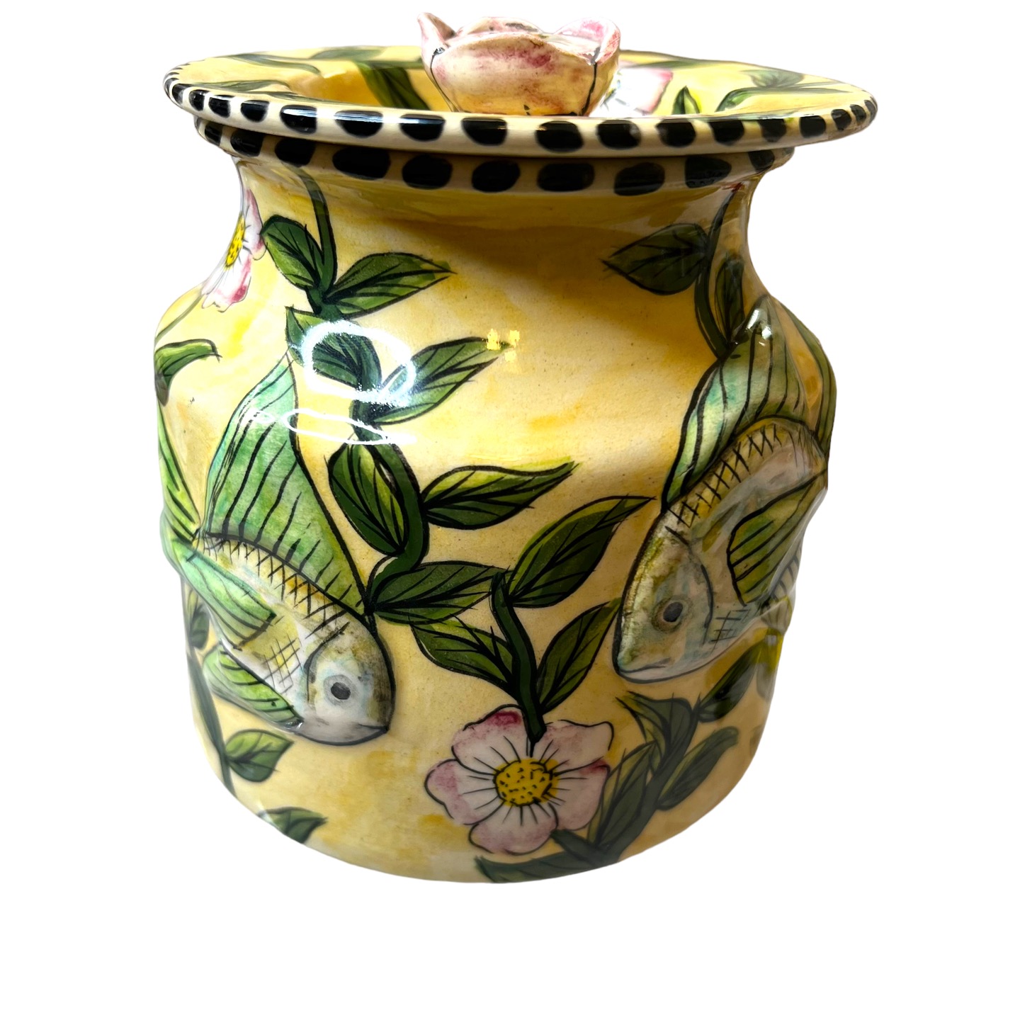 046. Tropical Fish Floral Yellow Flat Lidded Jar Zimbabwe Water Berry ...