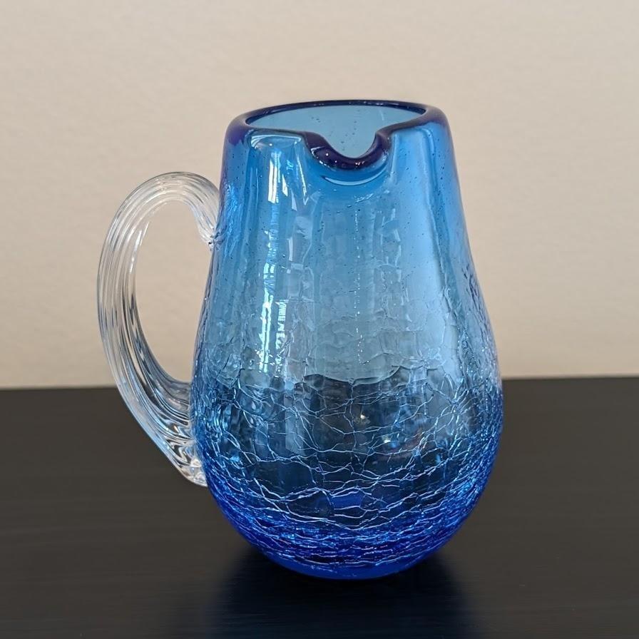 Vintage Pilgrim Glass Hand Blown Blue Crackle Art Glass Pitcher Side ...