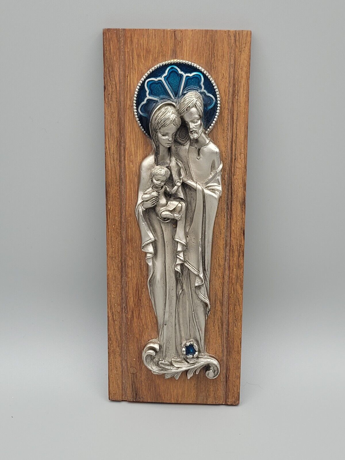 Vintage Peltro Inciso The Holy Family Blue Halo Wall Plaque Made in Italy