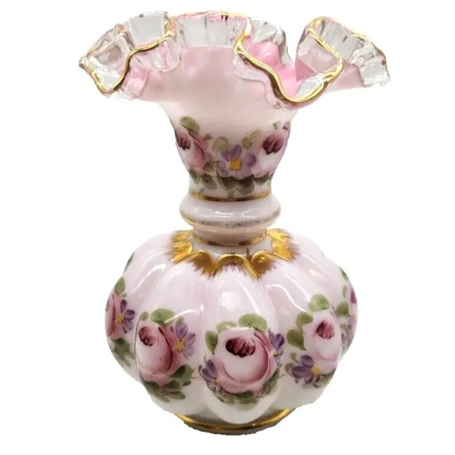 Fenton Charleton 1940’s Hand Painted Roses with Gold Trim Melon Vase 6”