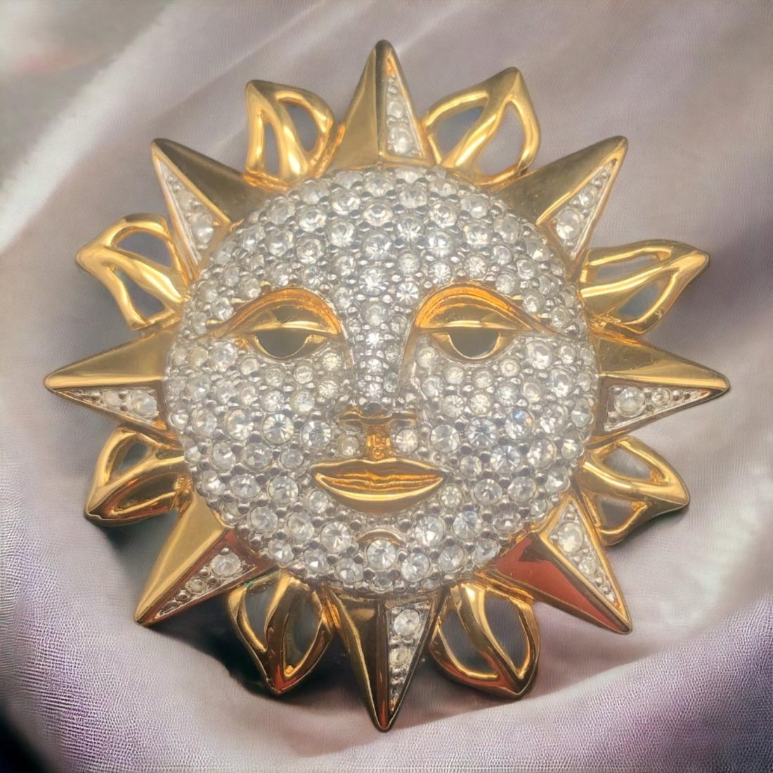 Swarovski Brooch Pin Sun Pave Crystal Gold Plated