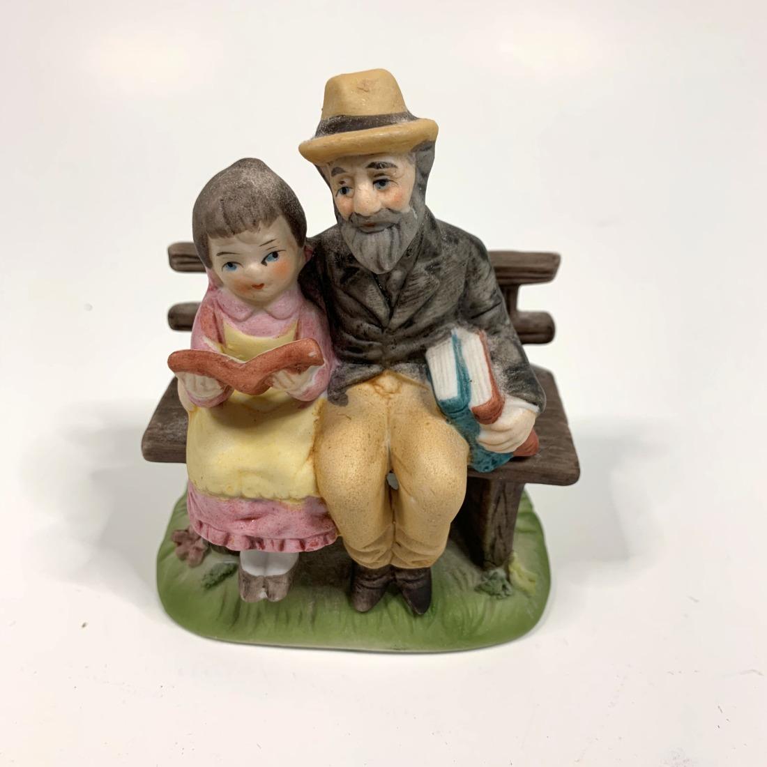 Lefton 5989 Porcelain Figurine Old Man Girl Reading Bench Book Vintage.