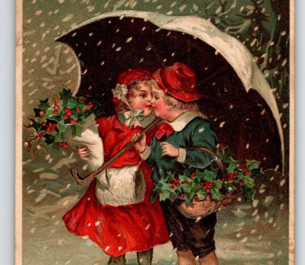 Christmas Postcard Children Under Umbrella MAB Max Feinberg 1911 ...