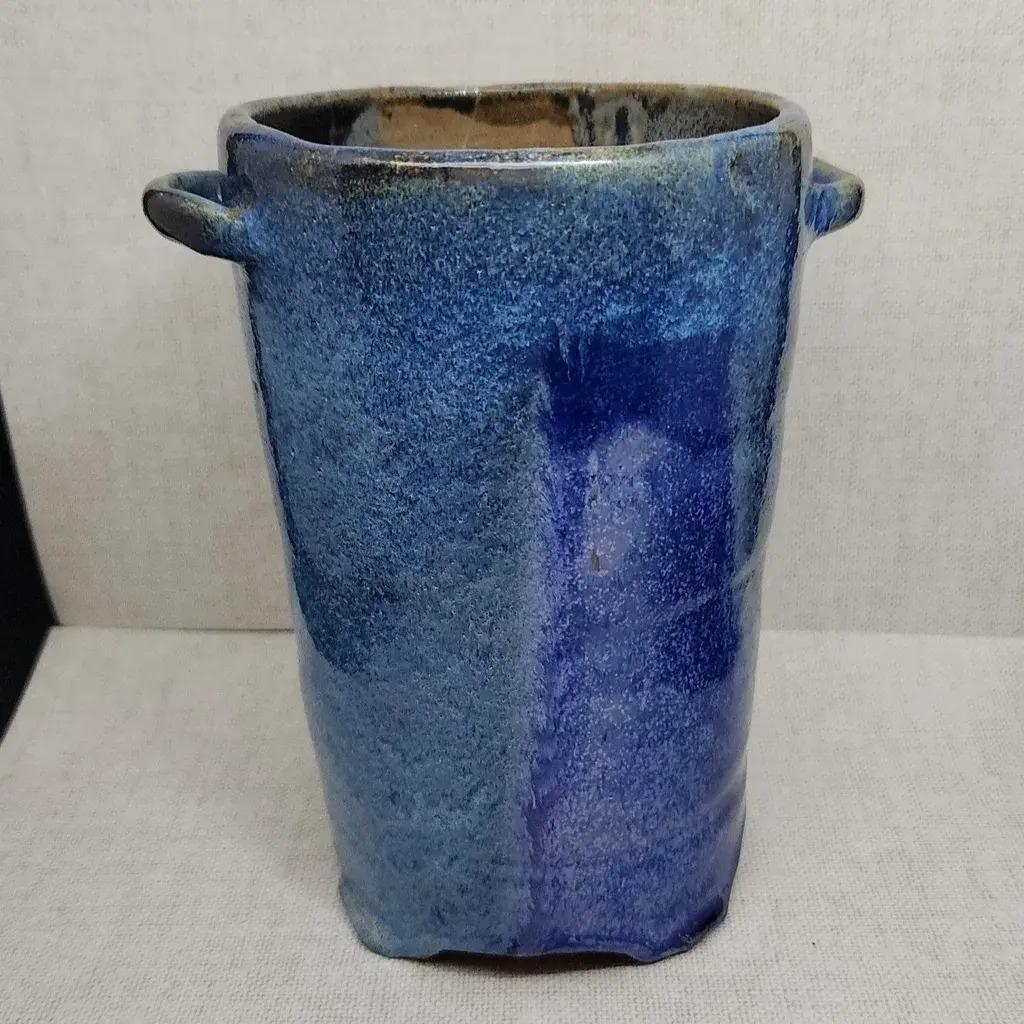Handmade Blue Stoneware Pottery Vase, Handles, Denim Coloring