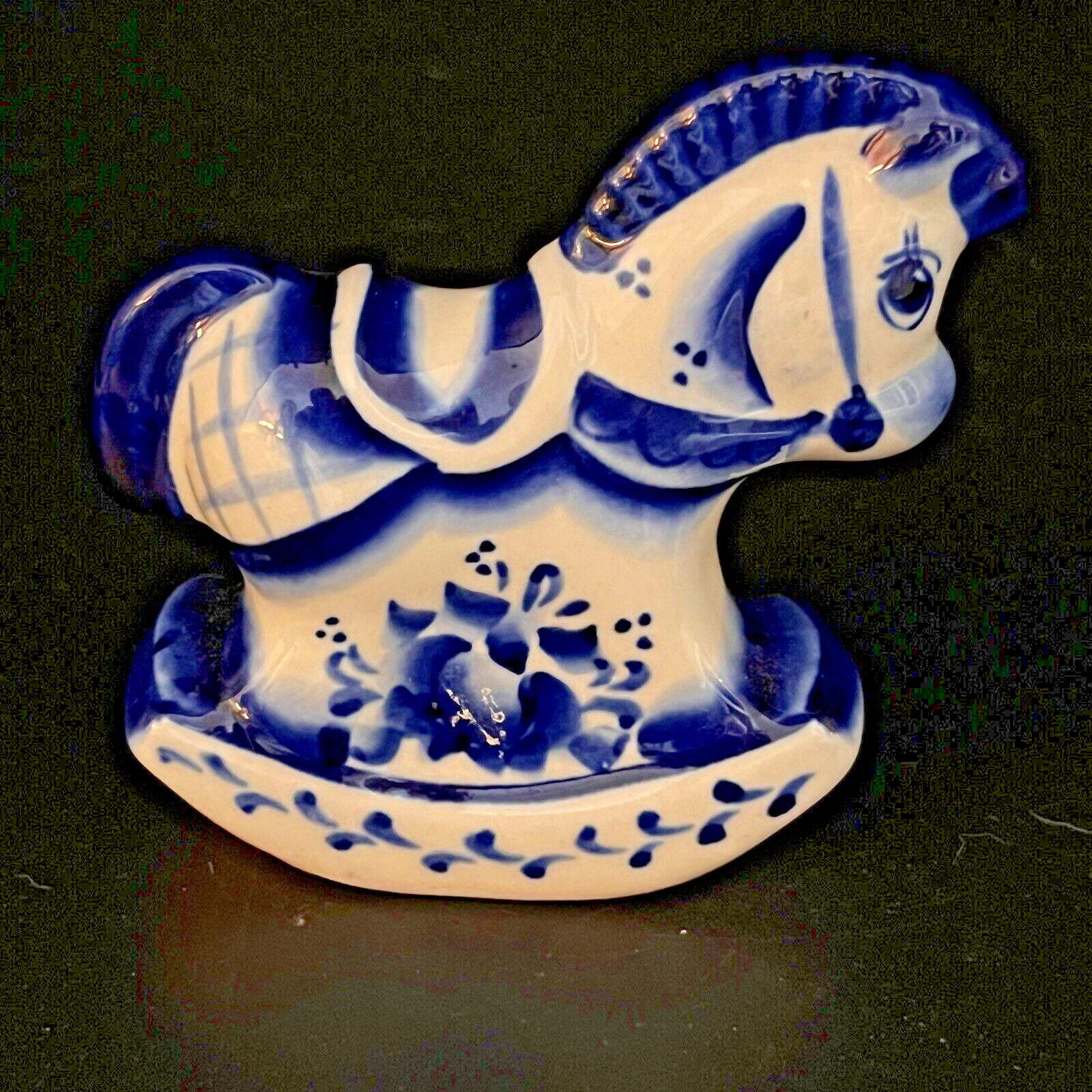 Vintage Gzhel Hand Painted Porcelain Rocking Horse Russia