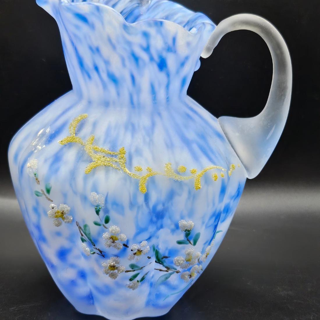 Vintage Blown Glass Speckled Glass Handpainted Enamel Flowers Blue ...