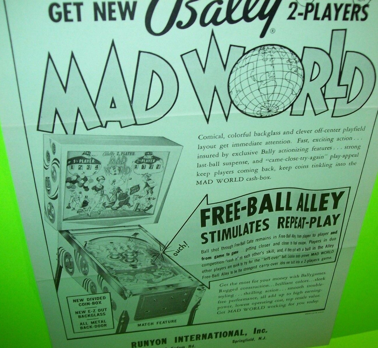 Mad World Pinball Flyer Original Bally 1964 Flipper Game Promo Artwork ...
