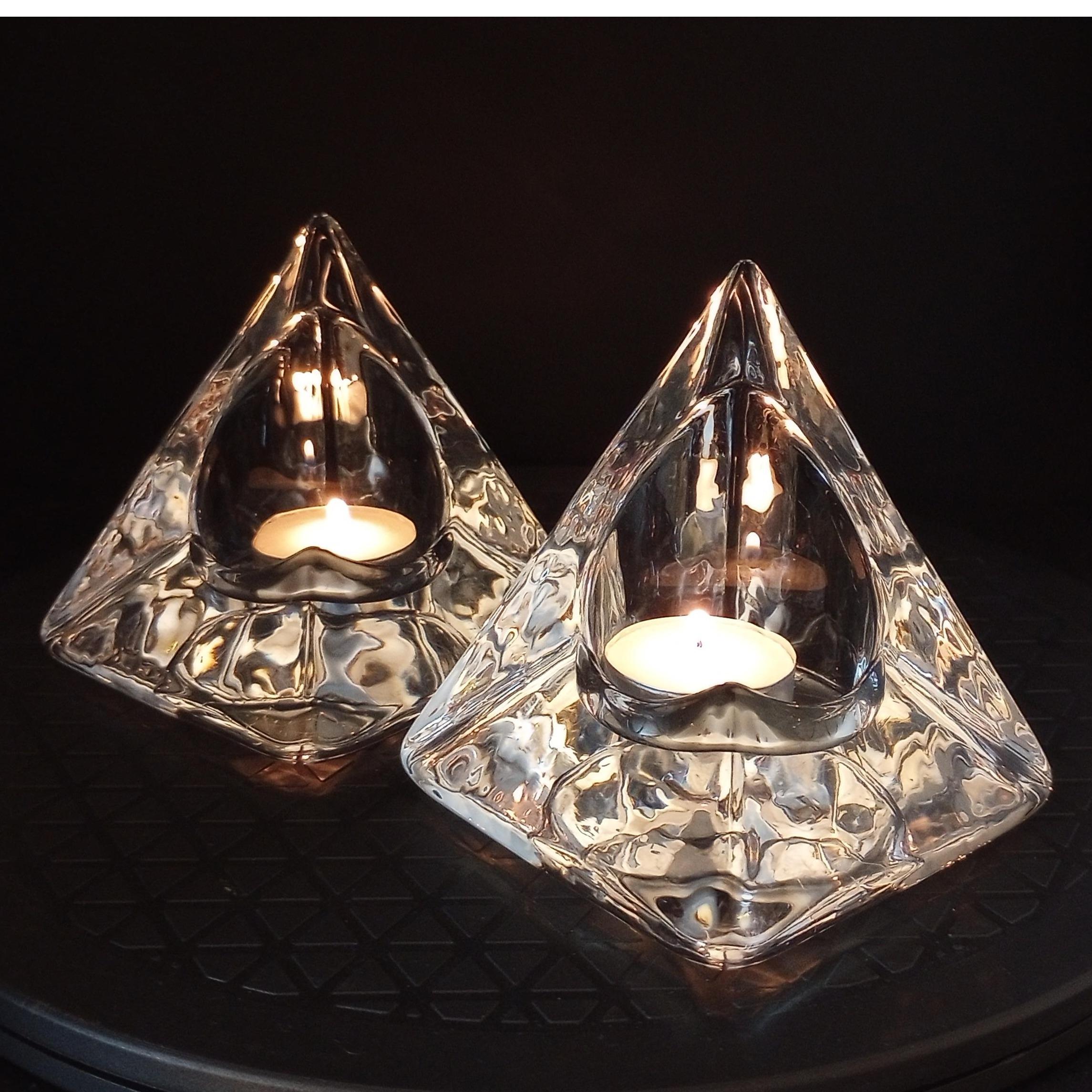 2- MCM Nybro Art Glass Pyramid Pillar Candle Holder Tord Kjellstrom Sweden