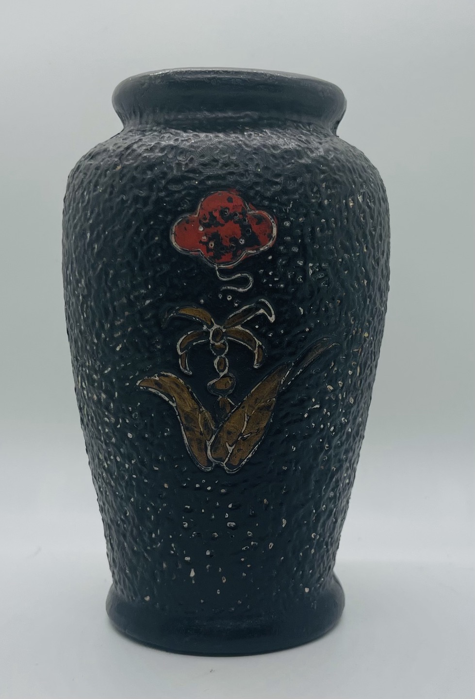 Japanese Vase Vintage Black Tokanabe Ware Textured Hand Painted 6" Red ...