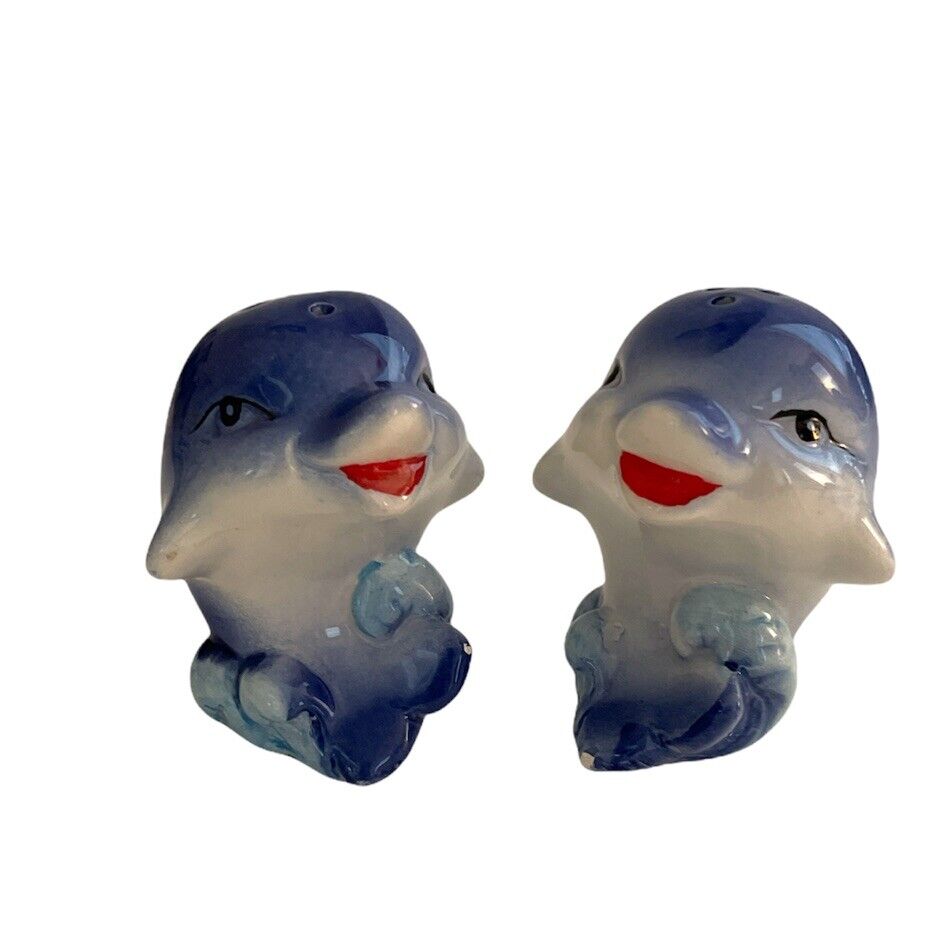 Vintage Dolphin Salt & Pepper Shakers Bahamas Kitsch Anthropomorphic Blue