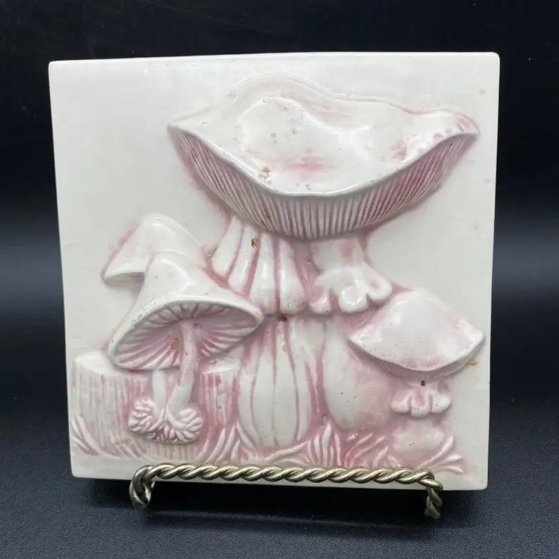 Hand made Pink Mushroom Textured Tile MCM Collectible Wall Decor Plaque ...