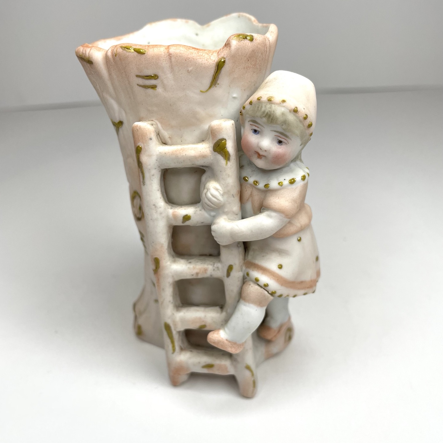 Antique German Bisque Figurine Vase Girl w Ladder Heubach Style Spill Vase